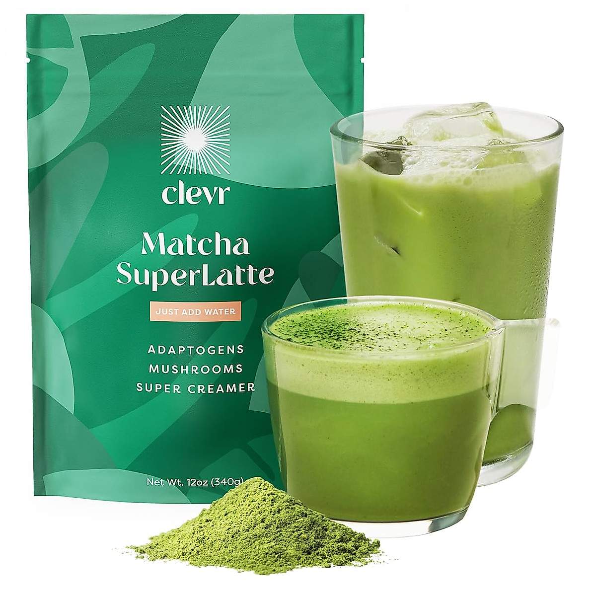 Clevr Matcha Green Tea Powder, Oat Milk Instant Latte Mix with Organic Matcha, Adaptogens, Mushrooms, Probiotics, Lion's Mane, Reishi and Ashwagandha