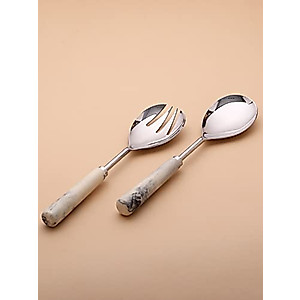 YoTreasure Tiramisu Resin & Stainless Steel Ivory Salad Server Spoon and Fork Set Cooking Utensils for Kitchen