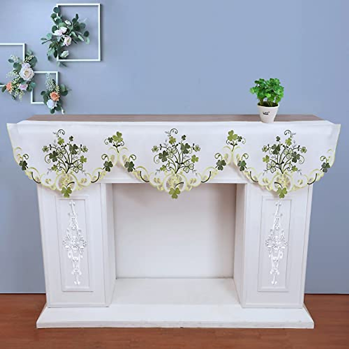 Simhomsen Embroidered Irish Clover St. Patrick’s Day Mantel Scarf Fireplace Top Runner for Spring Shamrock Decorations (70 × 17 inches)