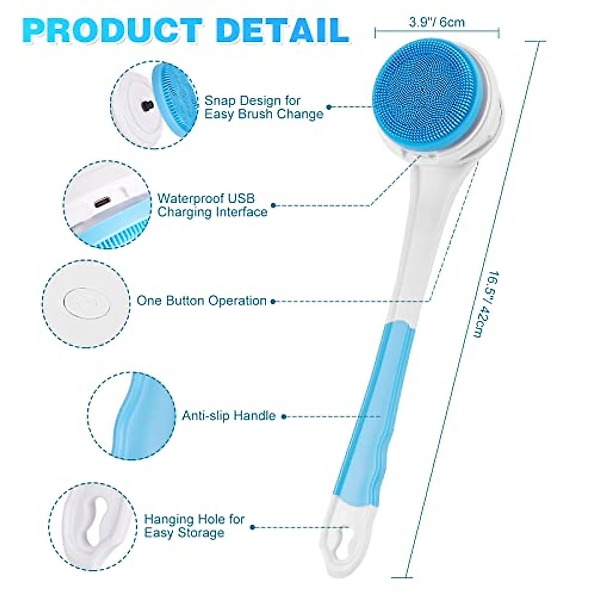 Electric Body Scrubber, Waterproof Rechargeable Silicone Body Brush with 4 Brush Heads, Handle Removable Back Scrubber for Shower, Body and Facial Cleansing & Exfoliating, Gift for Men/Women