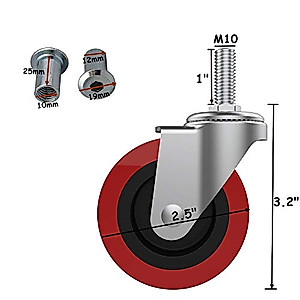 6 Pack Creeper Wheels 2.5 Inch Heavy Duty Swivel Caster Wheel Creeper Service Cart Stool Post Mount, M10 (Around 3/8") x 1" Metric Threaded Stem Casters Wheels Replacement