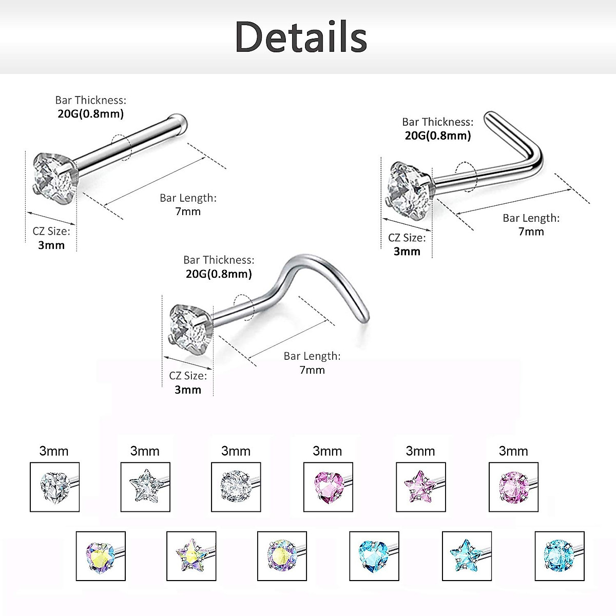 ZS 9-12PCS 20g Surgical Stainless Steel Nose Stud Ring Piercing Nose Bone/L Shaped/Nose Screws Rings Set (12pcs nose screws style)