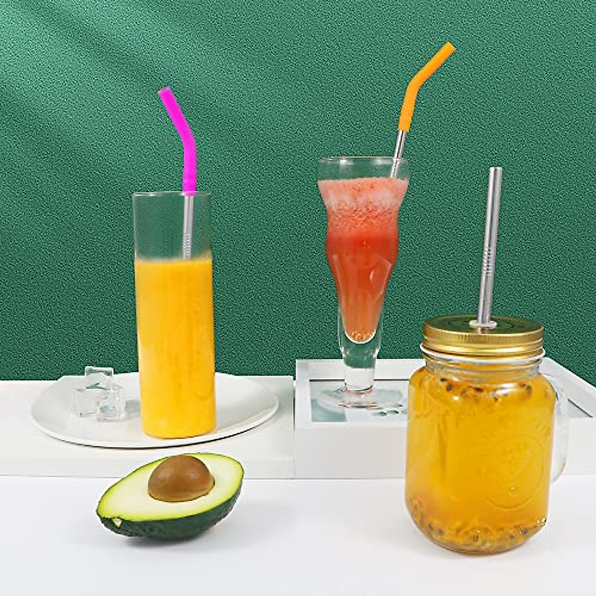 5 PCS Metal Straws with Silicone Tip, 8mm Wide Smoothie Straws, Reusable Stainless Steel Straws with 2 Cleaning Brushes,1 Portable Bag (Silver)