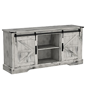 OKD Farmhouse Coffee Bar Cabinet, 58 Inch Buffet Sideboard Cabinet w/Sliding Barn Door, Adjustable Storage Shelves, Rustic Kitchen Storage Pantry for Dining Room, Living Room, Light Rustic Oak