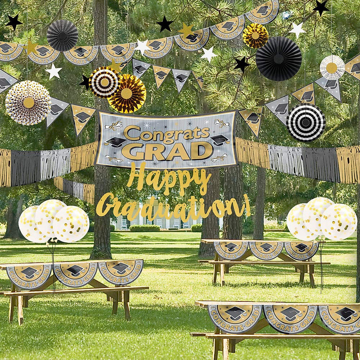 KAXXI Graduation Decorations 2023 Black and Gold, Happy Graduation Banners with Paper Fans Star Garland Confetti Balloons Set for Grad Party Supplies