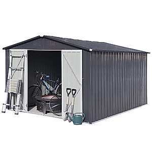 Goohome 8x10 FT Sheds & Outdoor Storage,Sturdy Metal Galvanized Steel Garden Storage Shed W/Lockable Sliding Doors,Built-in-Handles,Shutter Air Vents,Waterproof Spacious Utility Tool Storage Bike Shed