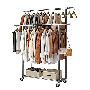 Simple Trending Double Rod Clothing Garment Rack, Rolling Clothes Organizer on Wheels for Hanging Clothes,with 4 hooks, Chrome