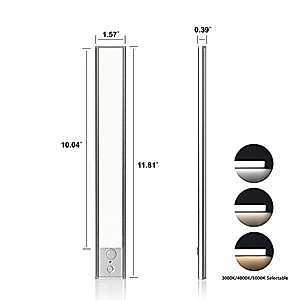 LIT-PaTH Under Cabinet Light with PIR Motion Sensor and D2D, LED Closet Lights, 3000/4000/5000K Selectable, Stick-on Anywhere and Battery Operated, Aluminum Housing, Silver Finish, 1-Pack