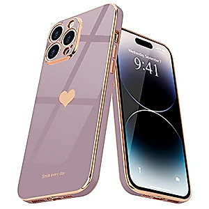 Teageo for iPhone 14 Pro Case for Women Girl Cute Love Heart Luxury Plating Soft Bling Back Cover Raised Full Camera Protection Bumper Silicone Shockproof Phone Case for iPhone 14 Pro, Lavender