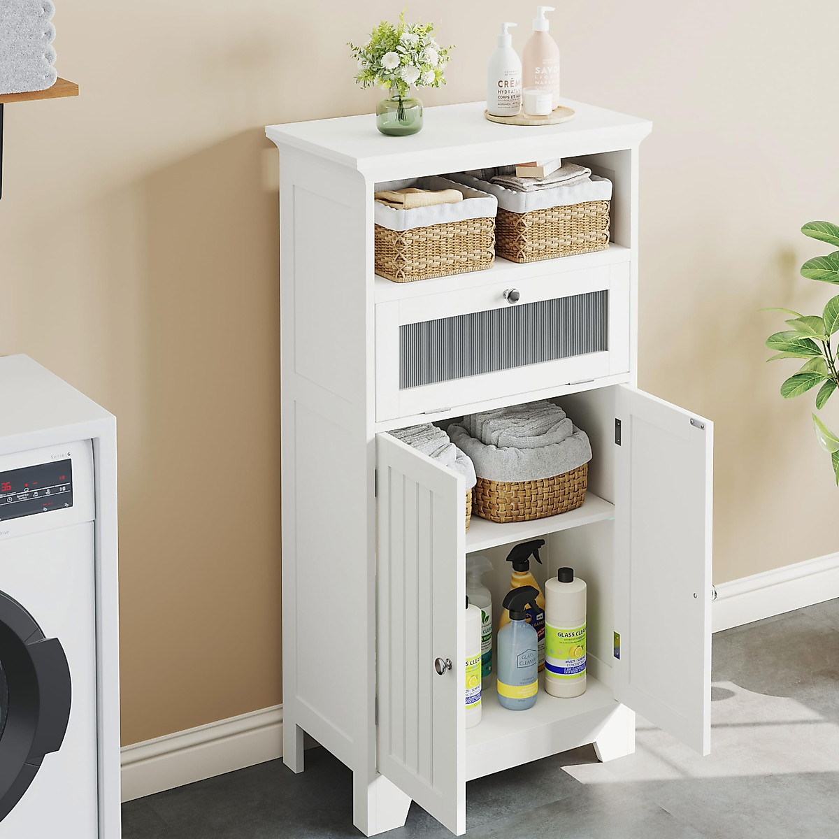 ChooChoo Bathroom Floor Storage Cabinet with Flip Glass Drawer, Bathroom Cabinets Freestanding with 2 Doors Adjustable Shelf & Open Storage for Bathroom, Living Room, Hallway, White