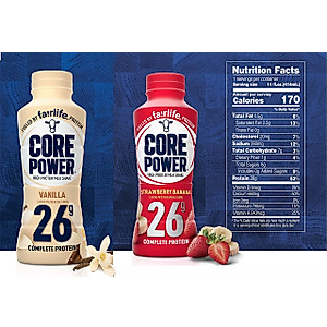Fairlife Core Power High Protein Milk Shake, Natural Flavor Ready to Drink Protein Shake, The best Strawberry Protein Shakes, 14 fl oz , 26gm (Strawberry Banana/ Vanilla flavor, Pack of 6 Bottles) protein, beverages, strawberries,