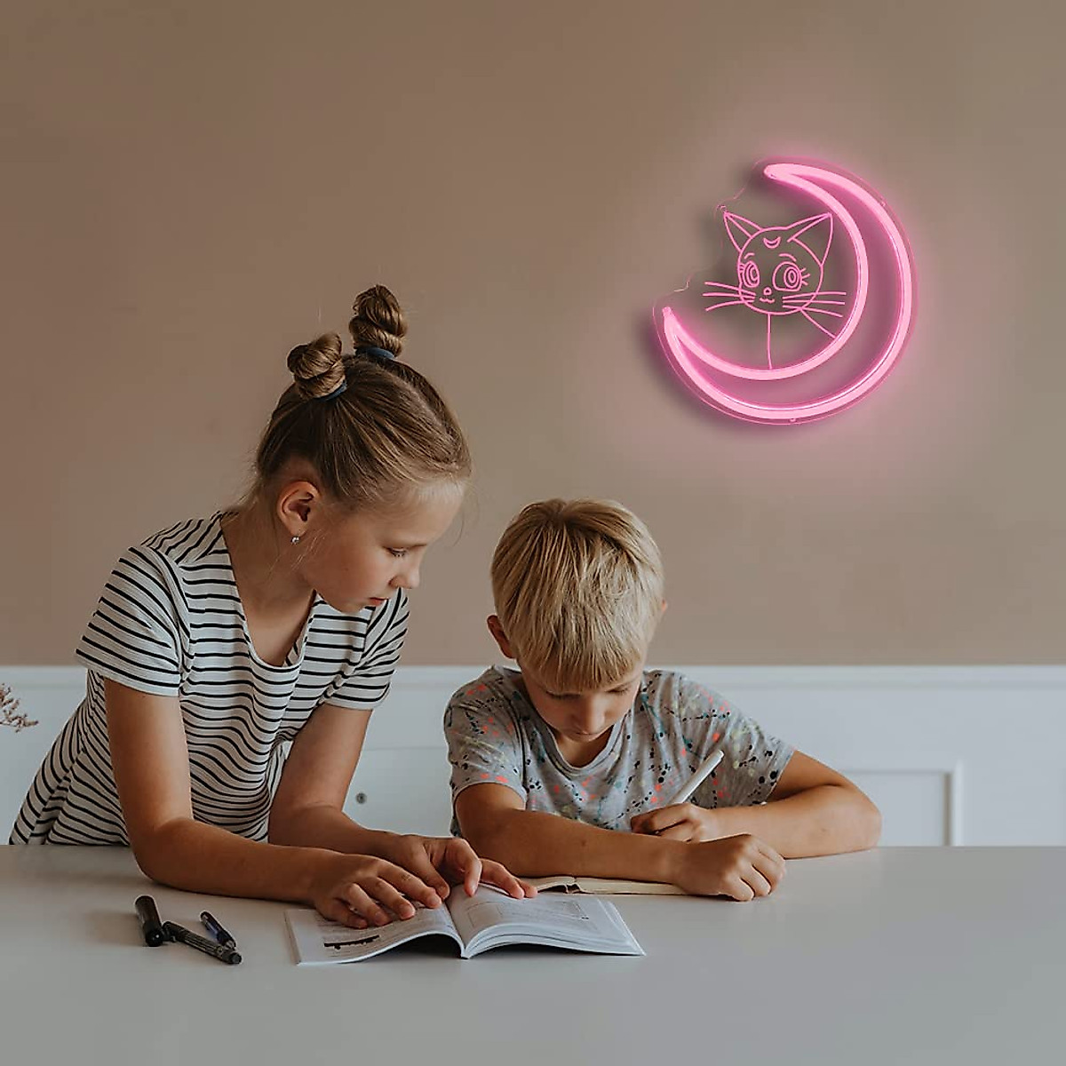 JXIN Moon Neon Sign, Adorable Anime-Inspired Luna Cat Moon Light for Girl's Teen Room Wall Decor, Kawaii Gamer Room, Birthday Decorations