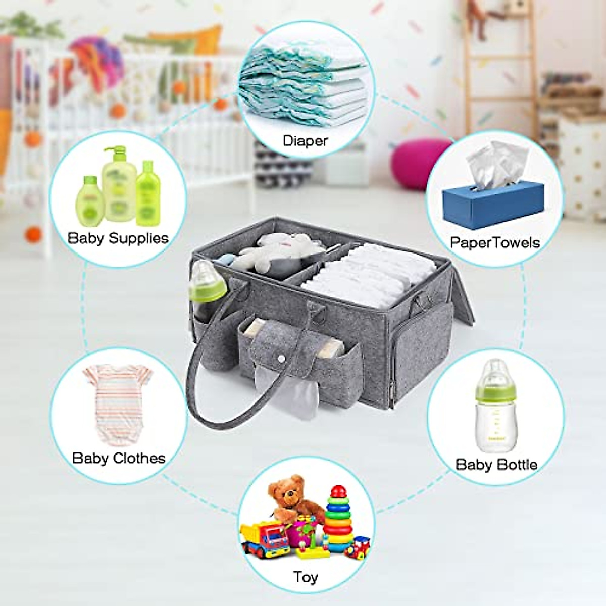 DIMJ Large Capacity Baby Diaper Caddy Organizer with Lid, Shoulder Nursery Storage Bin for Changing Table and Car, Portable Large Baby Shower Basket for Diaper, Toys, Bottles, Wipes, Books