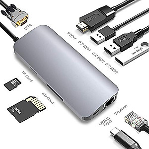 XUNMAIFHB Portable Docking Station,Type-C HUB ExpansionDock HD HDMI VGA with Display Dock Gigabit Ethernet Card USB-C PD, USB 3.0, TF/SD, RJ45, VGA, HDMI Fast Transmission