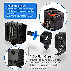 Simple Deluxe 80 GPH 3.6W Submersible Pump with Adjustable Intake & 6' Waterproof Cord for Fish Tank, Hydroponics, Fountains, Ponds, Statuary, Aquariums, Black