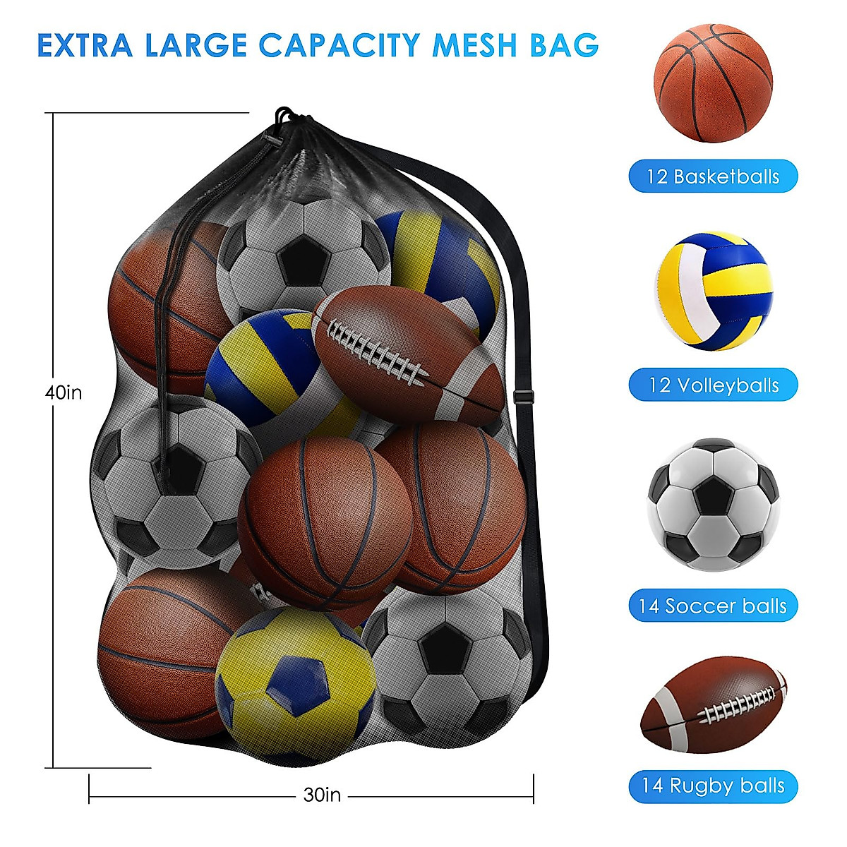 BROTOU Extra Large Sports Ball Bag Mesh, Basketball Bags Team Balls, Adjustable Shoulder Strap, Team Work Ball Bags for Holding Soccer, Football, Volleyball, Swimming Gear (30” x 40”) (2PCS)