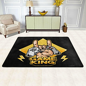 King Gamepad Rock Area Rug 4x6 Modern Joystick Non Slip Large Rugs for Living Room Bedroom Absorbent Washable Carpet with Rubber Backing Indoor Outdoor for Dorm Backyard Patio