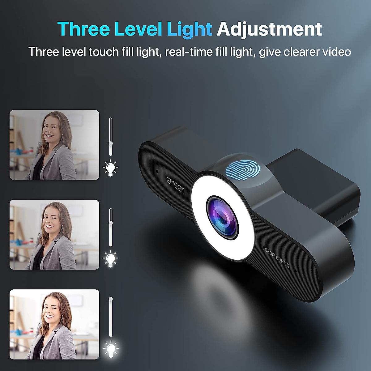 EMEET 1080P Webcam with Microphone - 60FPS Streaming Camera with Light, 3 Level Lights, 2 Noise-Cancelling Mics, C970L Computer Camera with Privacy Mode, Autofocus HD Webcam for Meeting/Gaming/Class