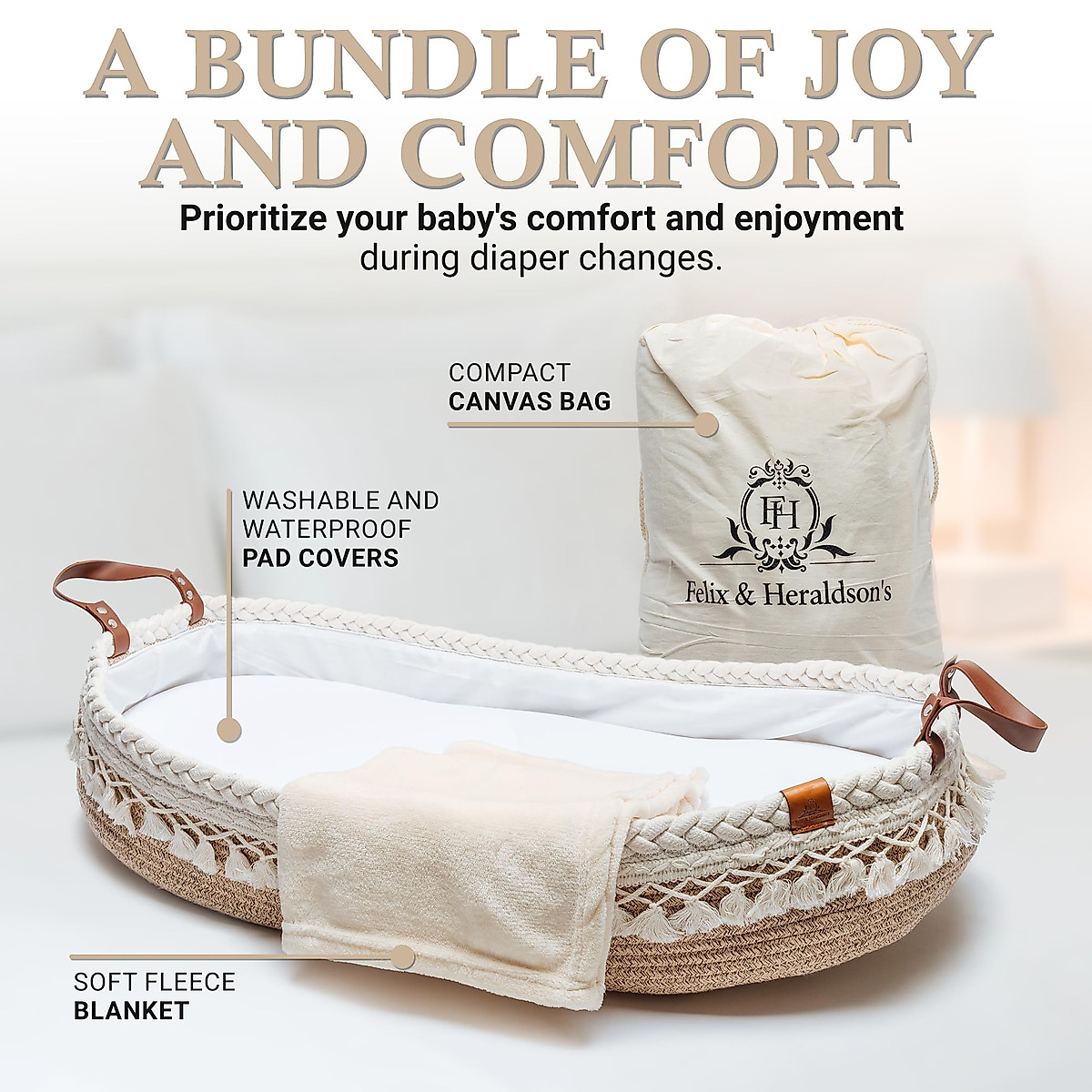 Premium Baby Changing Basket with Leather Handles and Plush Foam Pad - Changing Basket for Baby Dresser - Works great as Changing Table Basket and Baby Change Basket - Baby Changing Basket for Dresser