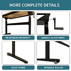 Win Up Time Manual Standing Desk Adjustable Height- Crank Mobile Standing Desk 48 x 24 Inches Sit Stand Desk Frame & Top, Stand Up Desk on Wheels, Computer Desk Black Frame & Rustic Brown