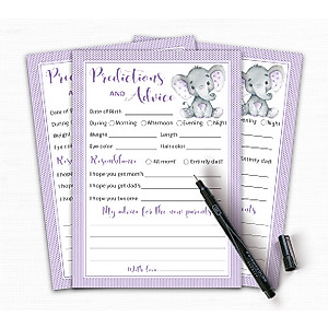 PURPLE ELEPHANT Prediction and Advice Cards - Pack of 25 - Girl Boy Baby Shower Games, New Parents, Mom & Dad to be, Mommy & Daddy Message, Couples Coed Shower Activity Keepsake Book G503-PDAV