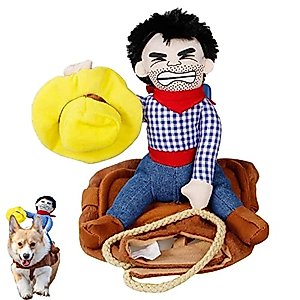 KSIEE Dog Cowboy Costume, Polyester Fiber Dog Cowboy Rider Outfit with Loop Fasteners, Dogs Clothes Knight Style with Doll and Hat for Halloween Christmas New Year Pet Costume (Small)