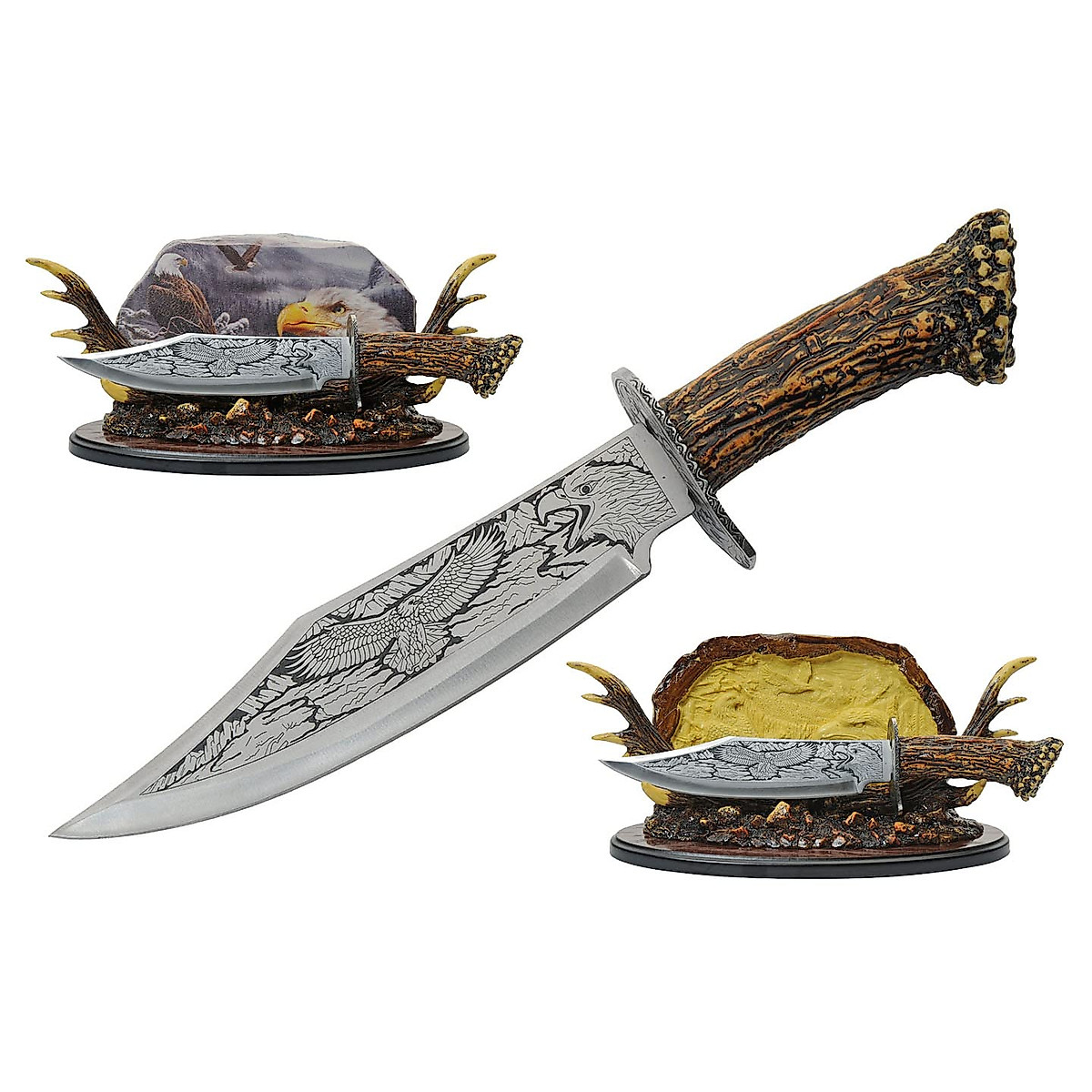 Szco Supplies 11.5” Decorative Eagle Etched Blade Outdoor Hunting Knife with Display Relief Art/Printed Antler Stand