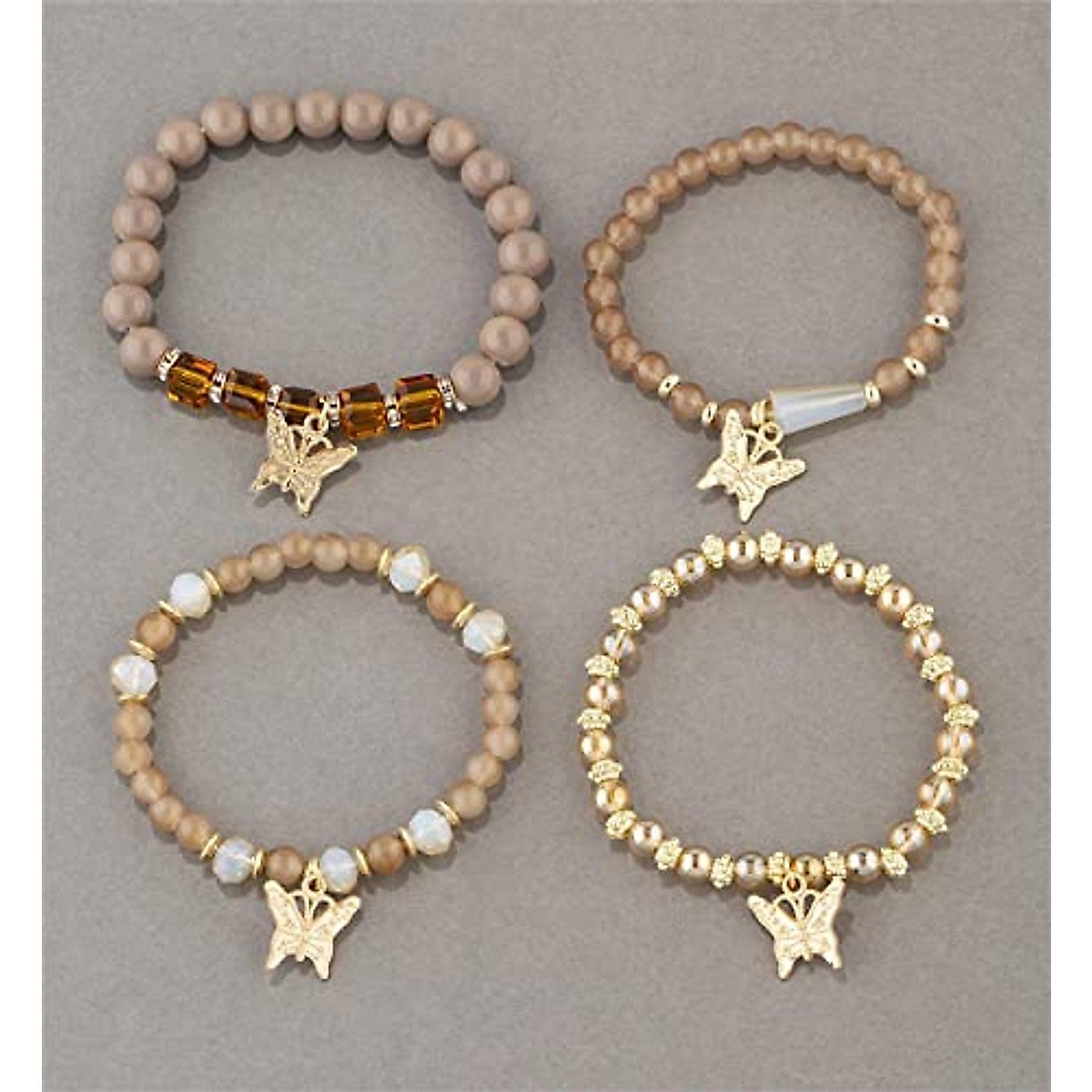Fuqimanman2020 Boho 4pcs Butterfly Charm Gold Beaded Stackable Stretch Bracelet Set Crystal Butterfly Colorful Elastic Bracelets-Brown
