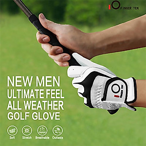 FINGER TEN Golf Gloves Men Right Left Handed Golfer 3/6 Pack Mens Golf Glove Left Right Hand Soft Cabretta Leather All Weather Grip Size S M ML L XL (White-3 Pack, Medium, Left)