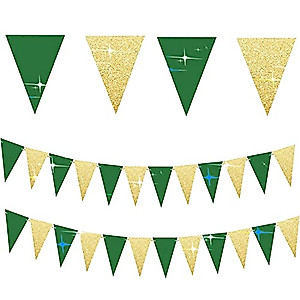 Graduation Party Decorations Green Gold 2023/St. Patrick’s Day Decorations/Birthday Party Decorations Green Gold 2pcs Glitter Gold Green Triangle Banners/Christmas Decorations/Spring Summer Party
