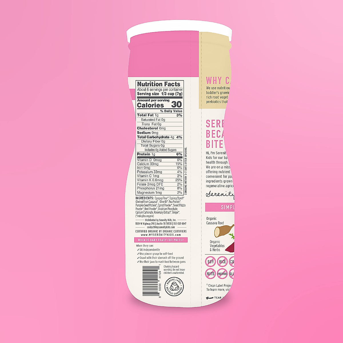 Serenity Kids 6+ Months Grain Free Puffs Toddler & Baby Snack | No Added Sugar, Gluten & Rice Free, Allergen Free | Made with Organic Cassava, Veggies, and Herbs | Carrot & Beet | 6 Count