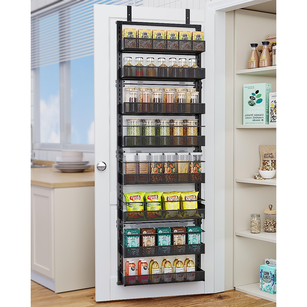 Over the Door Pantry Organizer - 8 Tier Adjustable Pantry Door Spice Organizer, Large Capacity Hanging Door Spice Rack for Kitchen Pantry Organizers and Storage (Black)