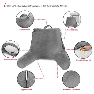 Nestl Reading Pillow Standard Bed Pillow, Back Pillow for Sitting in Bed Shredded Memory Foam Chair Pillow, Reading & Bed Rest Pillows Grey Back Pillow for Bed, Bed Chair Arm Pillow with Pockets