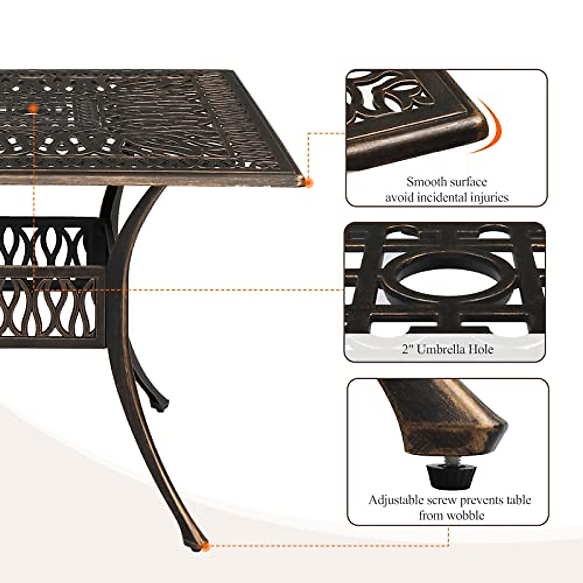 VINGLI Patio Dining Table, Patio Table with Umbrella Hole Outdoor Dining Table, Cast Aluminum Outdoor Bistro Table Outdoor Furniture Garden Table (35.4”Lx35.4”Wx29.5”H)