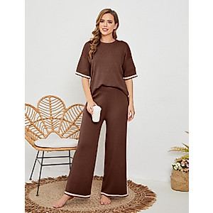 Tanming Sweater Sets Women 2 Piece Lounge Sets Short Sleeve Knit Pullover Tops Wide Leg Pants (Brown-M)