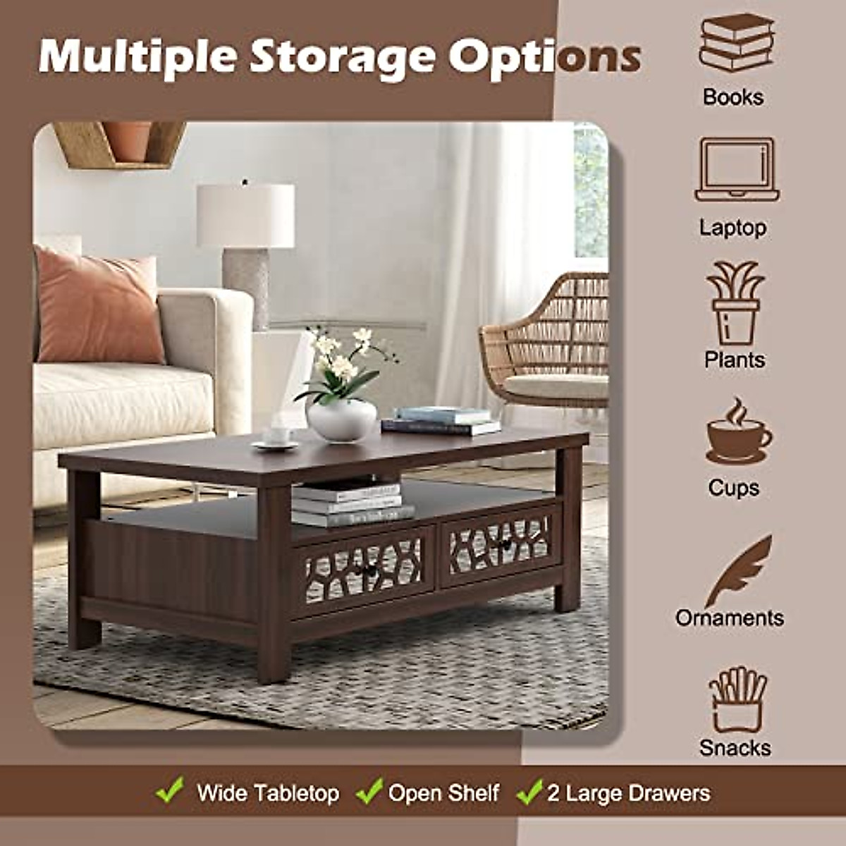Giantex 3-Tier Coffee Table, 47" Rectangular Center Table w/Acrylic Mirror Design, Wooden Table w/Large Tabletop, Open Shelf, 2 Drawers & 5 Support Legs, Accent Living Room Furniture (Brown)