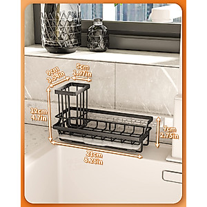 SWTYMIKI Sink Caddy Sponge Holder - Kitchen Sink Organizer with High Brush Holder for Countertop by the Sink Holding Dish Soaps and Sponges, Stainless Steel, Black