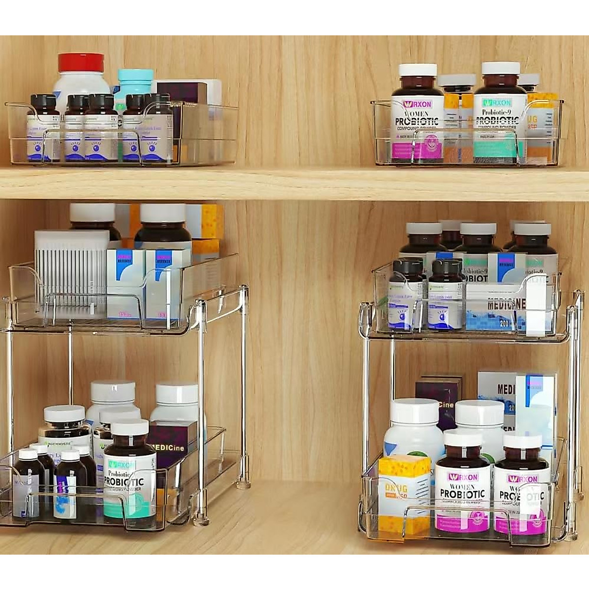 RIGEDNEF 2 Tier Clear Bathroom Organizer with Dividers, Under Sink Organizer and Storage, Slide-Out Medicine Cabinet organizer, Kitchen Pantry Storage, Bathroom Vanity Counter Organizer, 2 Pack