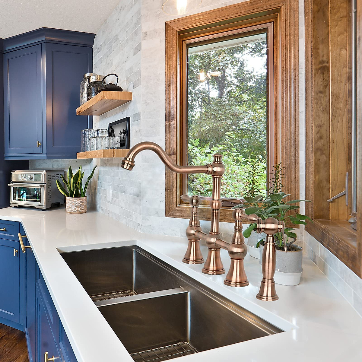 Two-Handles Bridge Kitchen Faucet with Side Sprayer (Antique Copper)