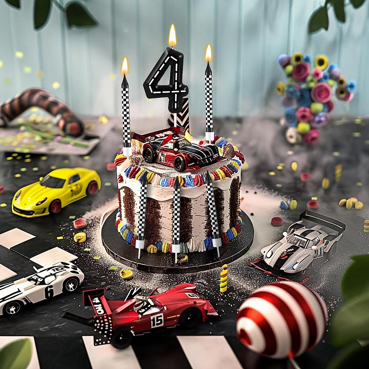 13 Pcs Racing Cars Themed Birthday Candles - 1 to 9 Number Candle & Black and White Checkered Candles, Truck Candle Cake Topper for Racing Car Party Baby Shower Party Decoration Supplies (Number 4)