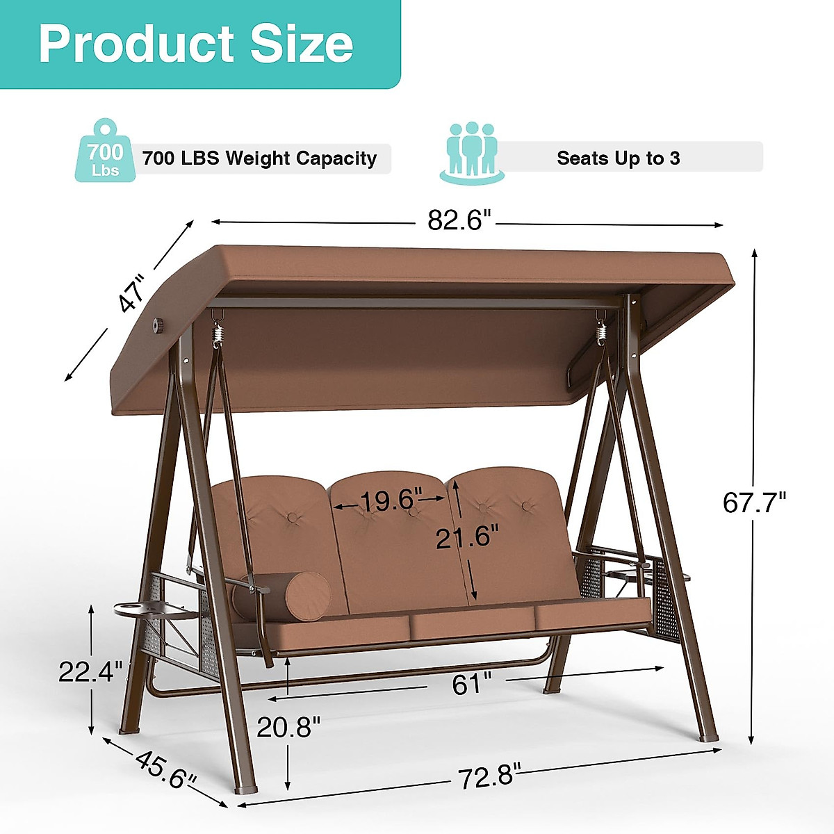 ZENPETIO 3-Seat Outdoor Patio Swing, Adjustable Canopy Porch Swings, Deluxe Outdoor Swing with Weather Resistant Steel Frame, Thickened Cushions, Pillows & Cup Holders for Backyard, Porch, Garden