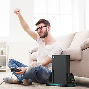 Charging Stand with Cooling Fan, CODOGOY Vertical Stand Compatible with Xbox Series X/S Console&Controller, Dual Controller Charger Station Dock with 3 USB Ports,2*1100 mAh Rechargeable Battery Packs