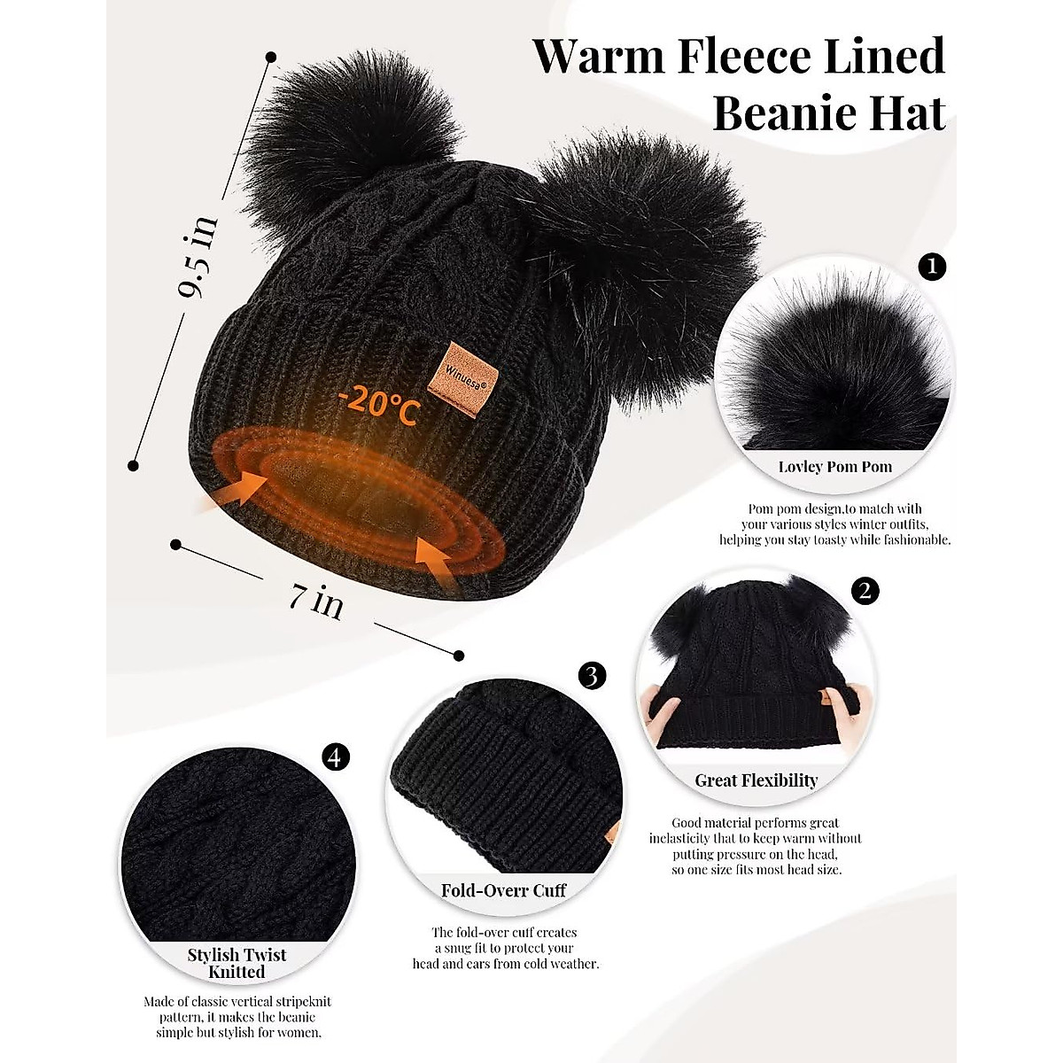 Winter Hat Scarf Glove Set for Women, Warm Fleece Lined Womens Beanie Hat with Double Pom Pom, Gloves with Touchscreen Fingers, Knit Scarf Neck Warmer for Cold Weather-Grey