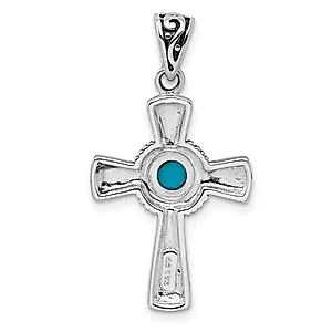 JewelryWeb - 925 Sterling Silver Oxidized Simulated Turquoise Cross Pendant - 20mm x 32mm - Artisan Cross Necklace - Handmade Cross Necklace - Christian Jewelry