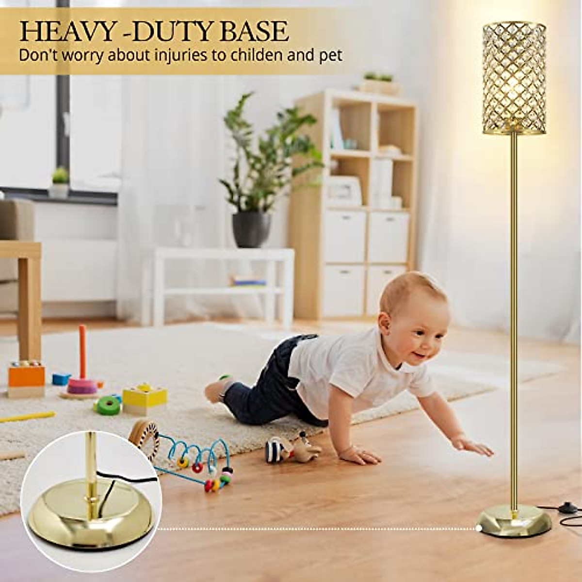 RAYINIGHT Gold Floor Lamp,Elegant Crystal Floor Lamp Modern Standing Lamp with On/Off Foot Switch,Tall Pole Accent Lighting for Living Room, Girl Bedroom, Dresser, Office