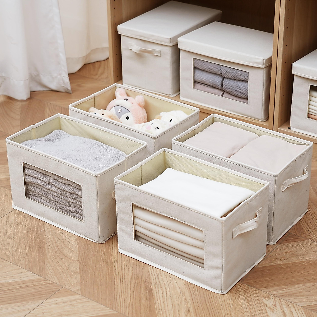 Citylife 3 Pack Storage Bins with Lids, Fabric Foldable Storage Bins with Soft Cord Handles, Canvas Storage Bin with Lid for Organizing Clothes, Blankets and Books, Beige