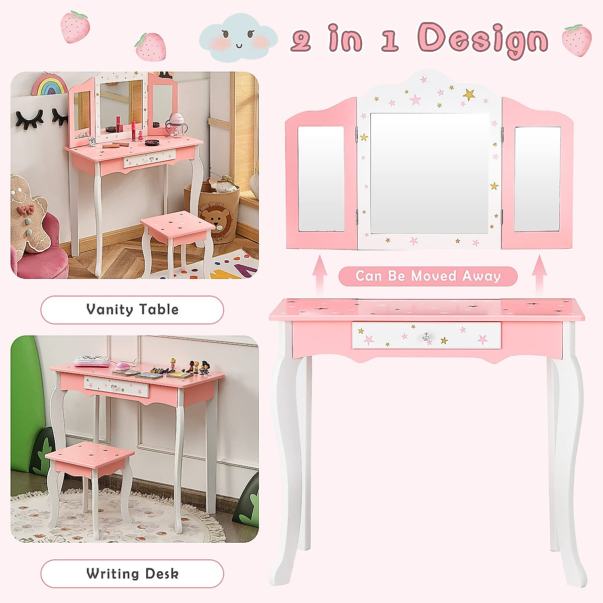 KOTEK Kids Vanity Set w/Tri-Folding Mirror, 2 in 1 Wooden Princess Makeup Dressing Table w/Detachable Top & Storage Drawers, Pretend Beauty Play Vanity Table Set for Girls (Pink Star Print)