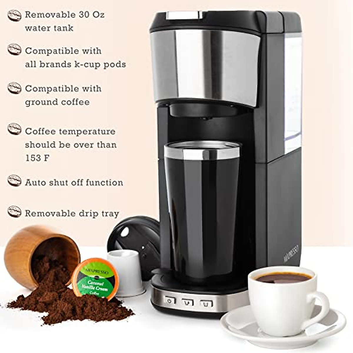 Mixpresso Coffee Maker Single Serve For Ground Coffee & Compatible With K Cup Pods, With 14oz Travel Mug & Reusable Filter For Home, Office & Camping, 30oz Removable Water Tank.