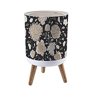 Small Trash Can with Lid Seamless Flower Vintage Floral Black White Gold Garden Flowers Roses Wood Legs Press Cover Garbage Bin Round Waste Bin Wastebasket for Kitchen Bathroom Office 7L/1.8 Gallon