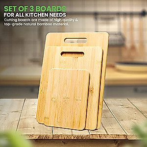 K BASIX Wood Bamboo Cutting Board Set of 3 with Handle, Organic Wood Cutting Board for Chopping Meat, Butcher Block, Veggies & Cheese, for Kitchen